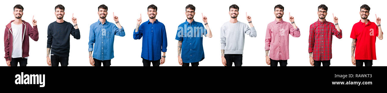 Collage of young man over isolated background showing and pointing up ...