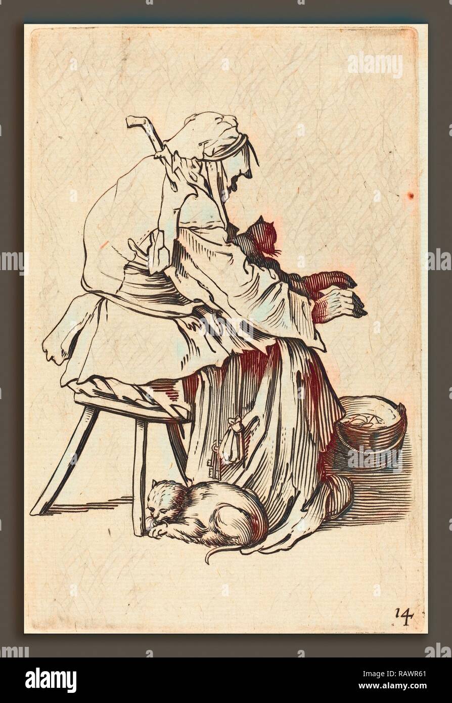 after Jacques Callot, Old Woman with Cats, etching. Reimagined by Gibon ...