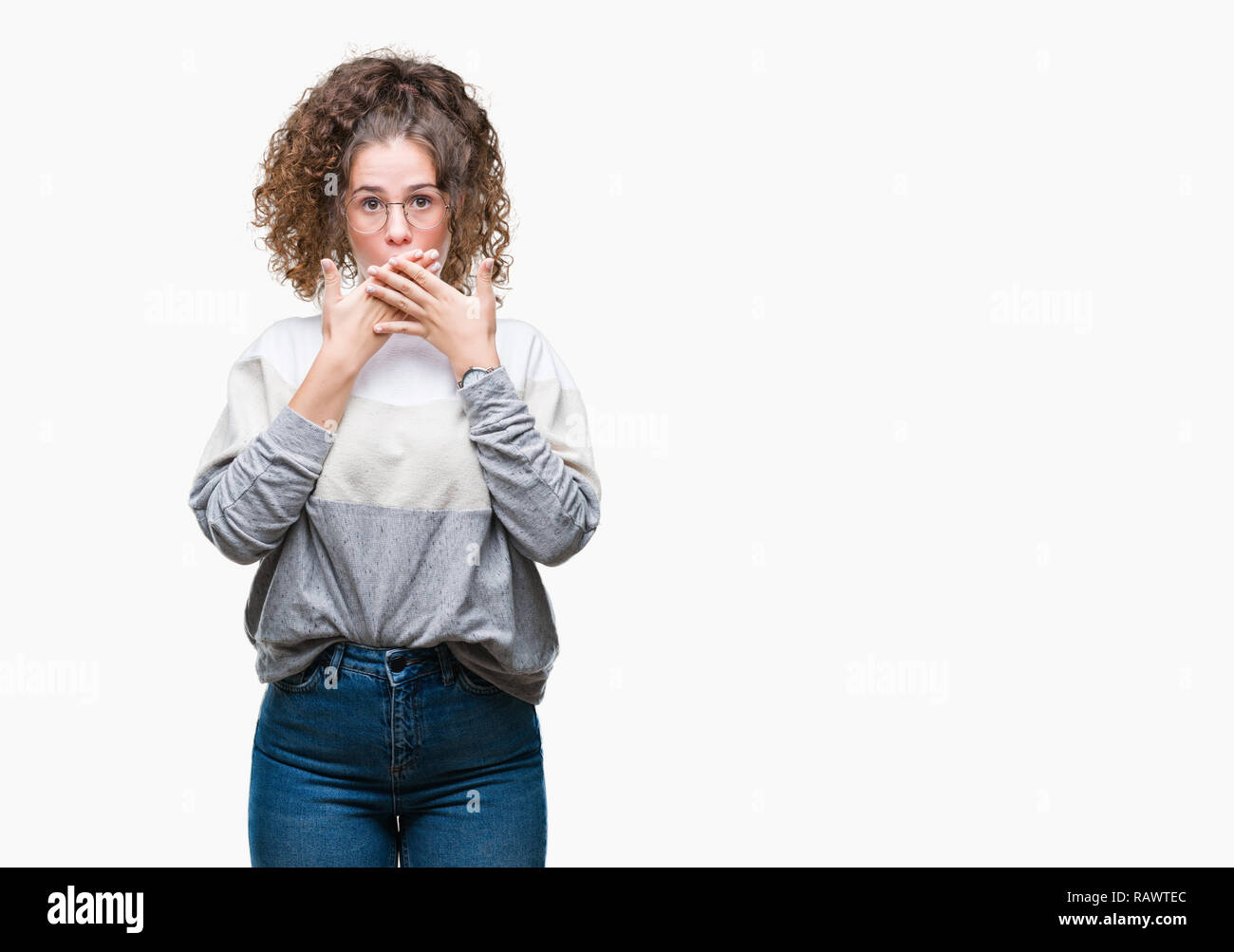 Beautiful brunette curly hair young girl wearing glasses over isolated ...
