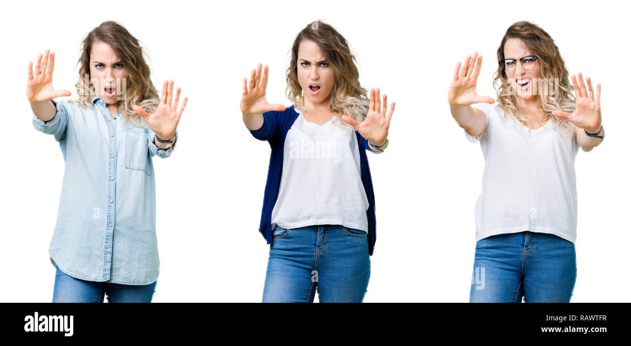 Collage of young beautiful blonde girl over isolated background afraid ...