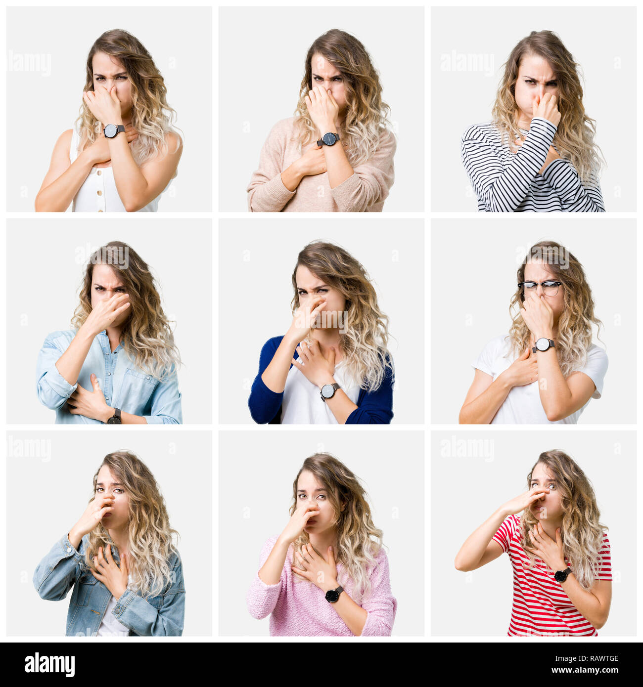 Collage of young beautiful blonde girl over isolated background ...