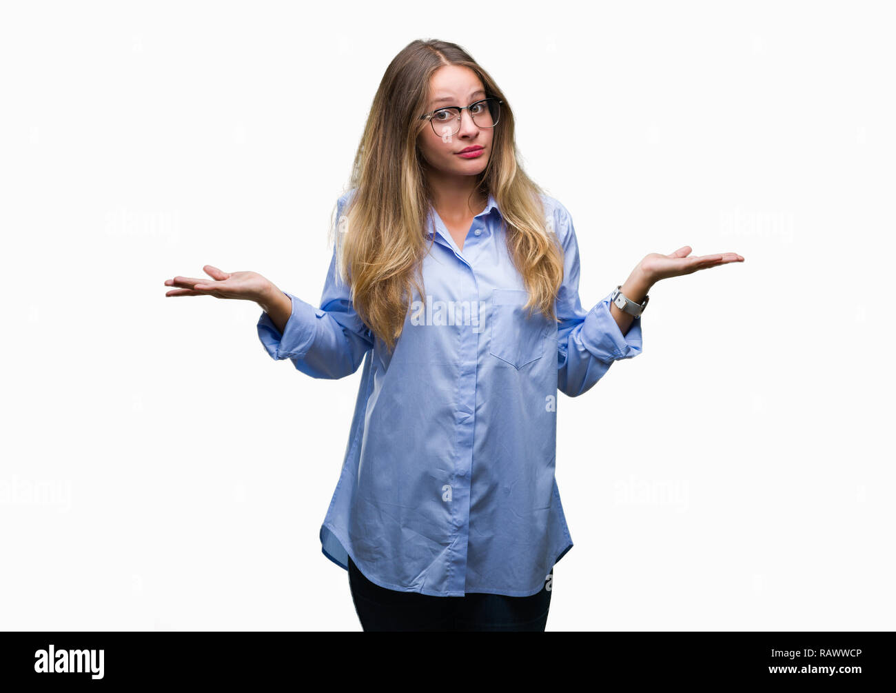 Young beautiful blonde business woman wearing glasses over isolated ...