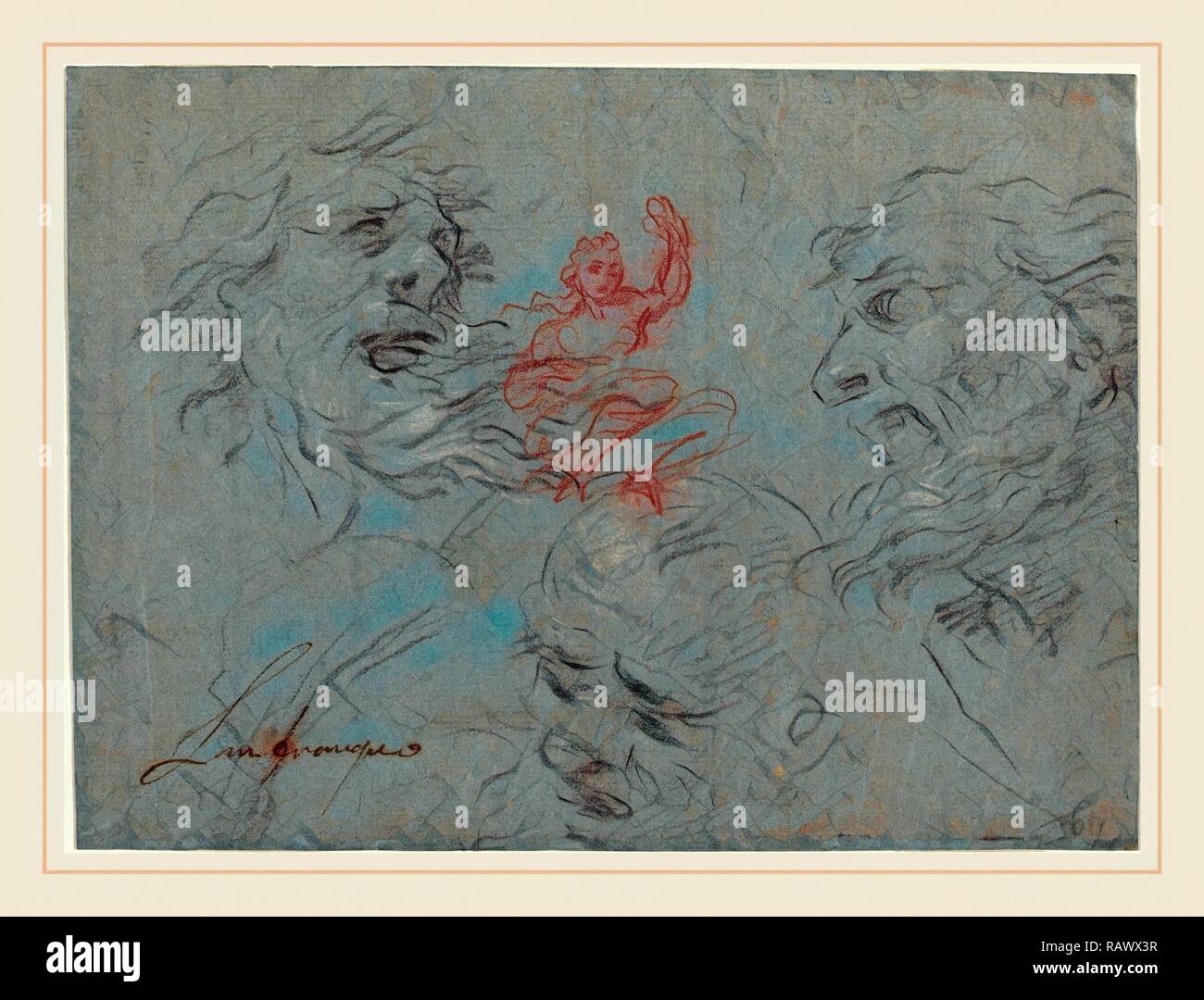 French 17th Century, Study of Heads [recto], black and red chalks ...
