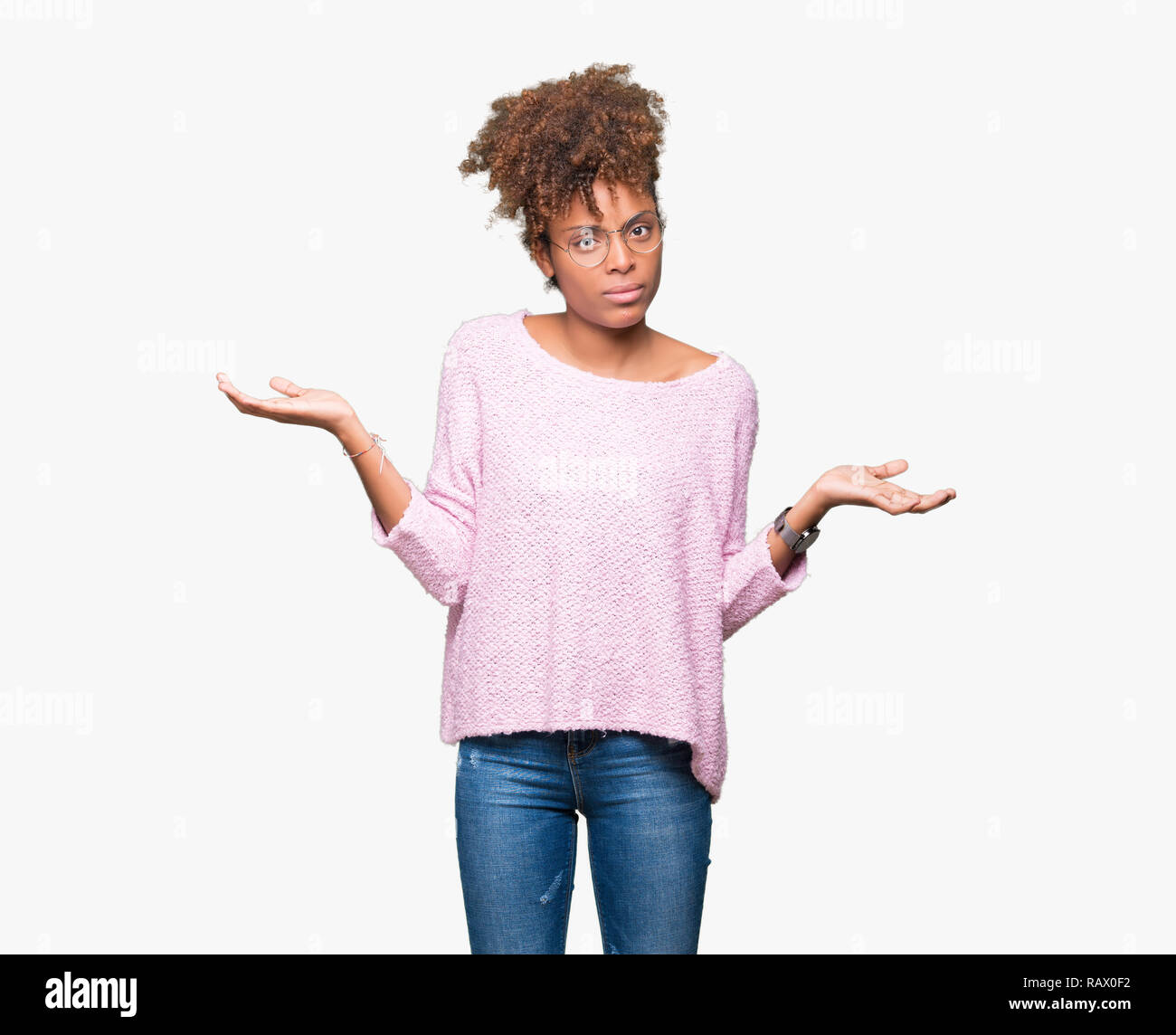 Beautiful young african american woman wearing glasses over isolated ...