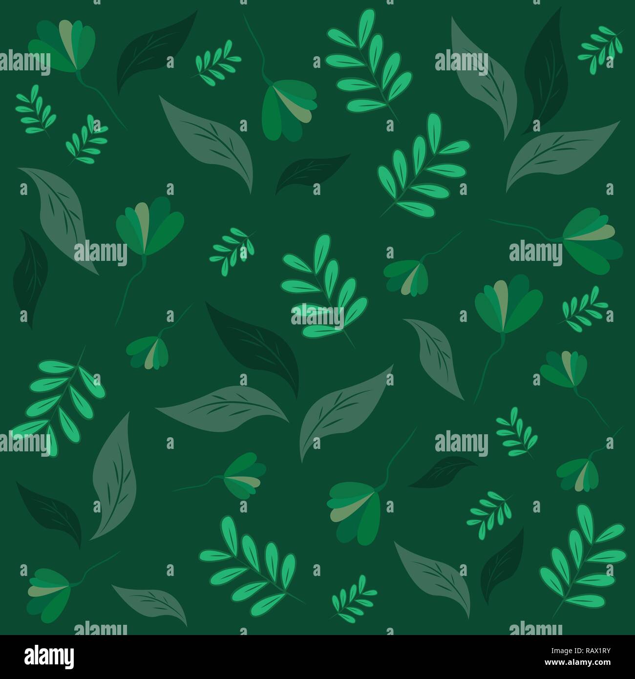 Vector pattern. Different leaves on a dark green background Stock ...