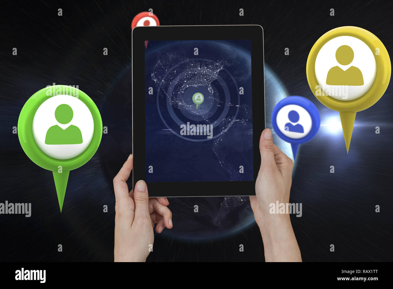 Composite image of hands holding digital tablet against white ...