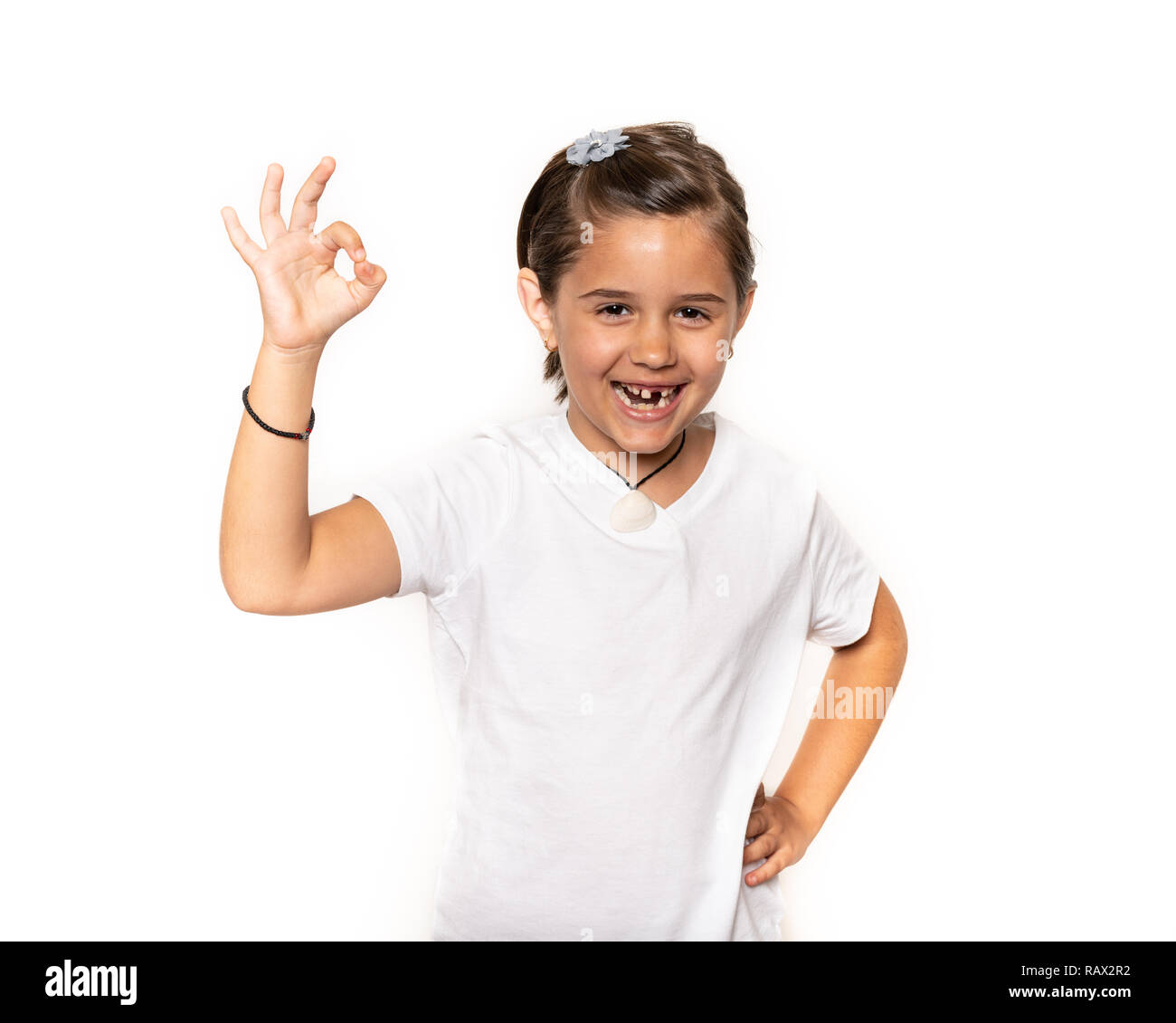 Young primary school aged school girl pointing ok or okay hand sign ...