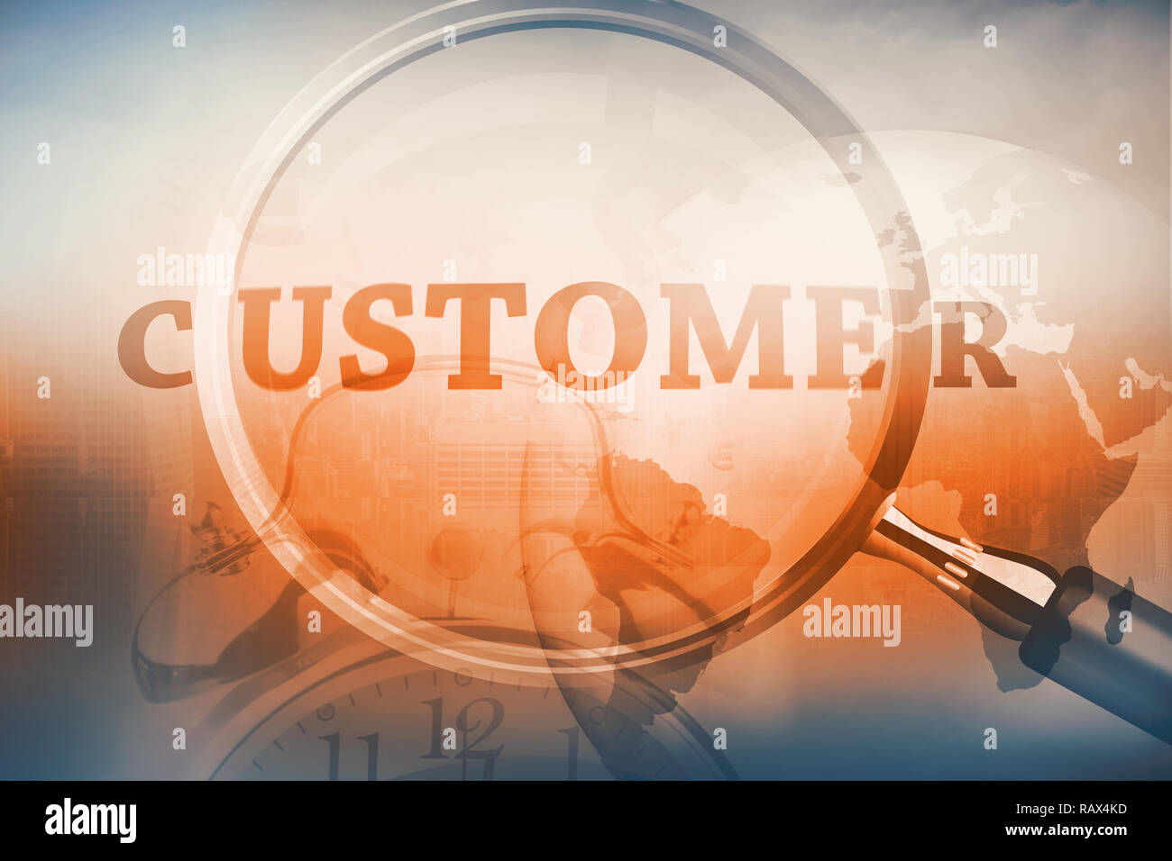 Magnifying glass showing customer word Stock Photo - Alamy