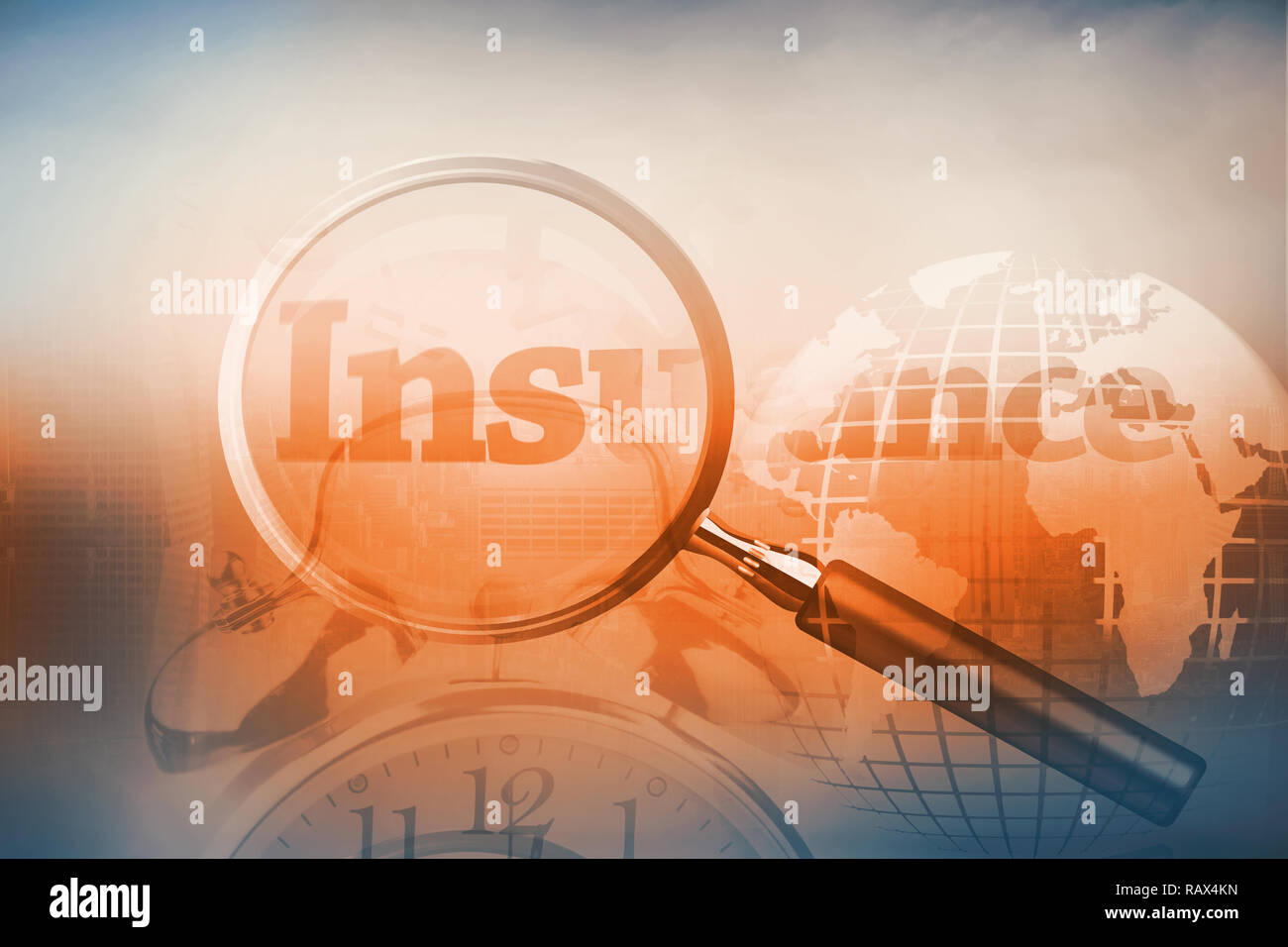 Magnifying glass revealing the word insurance written in red Stock ...