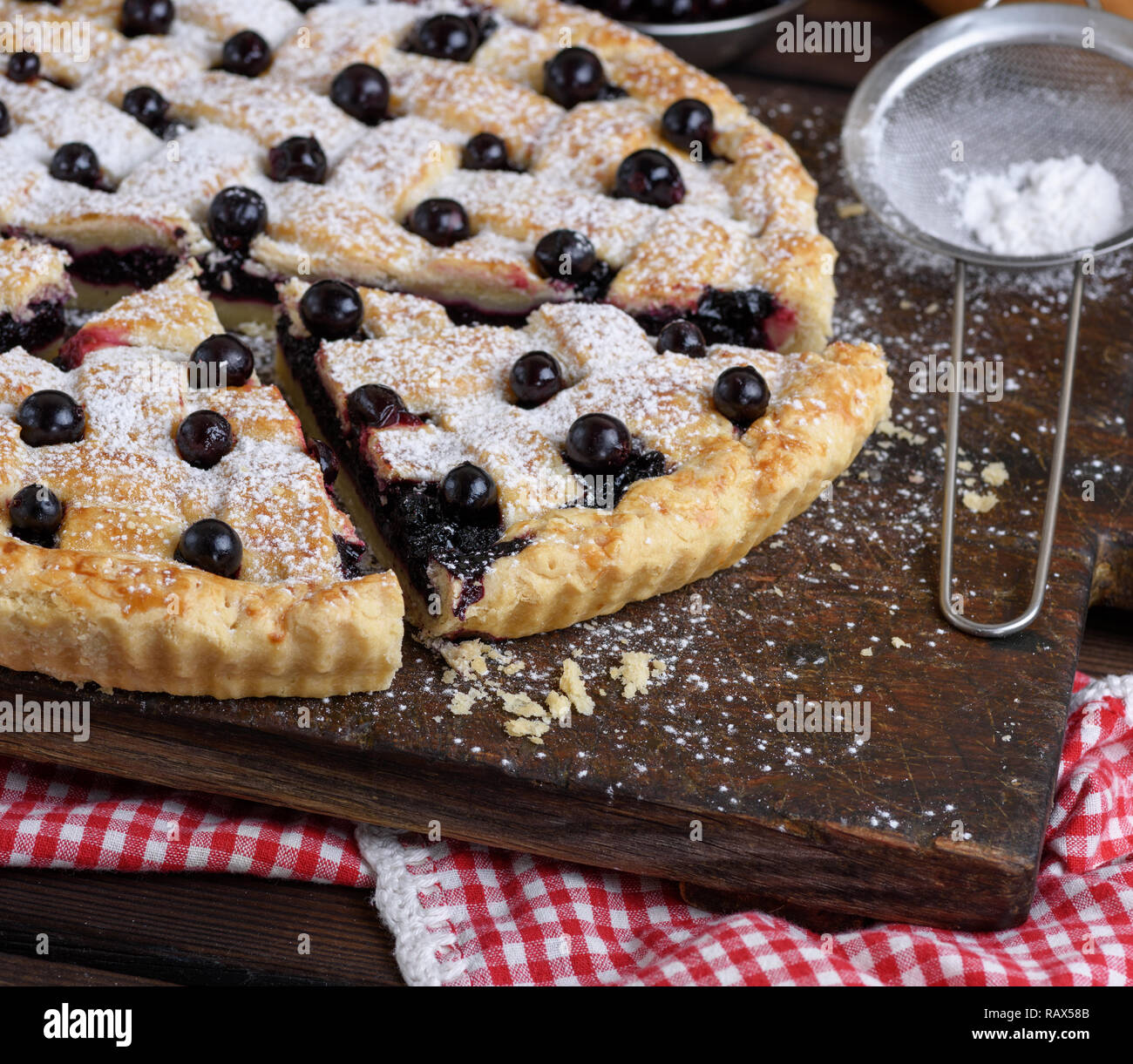 baked round black currant cake and powdered with icing sugar, close up ...
