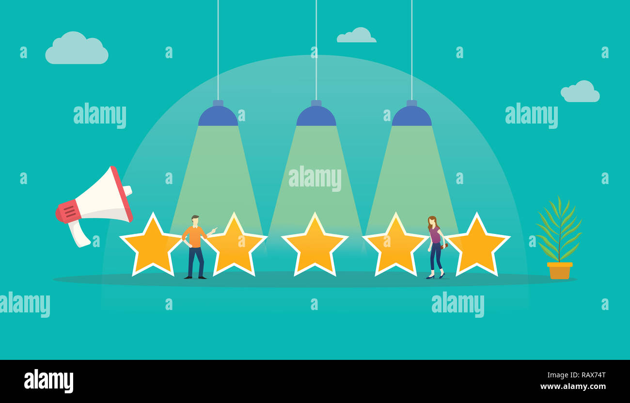 customer rating star feedback with team people standing with big stars ...
