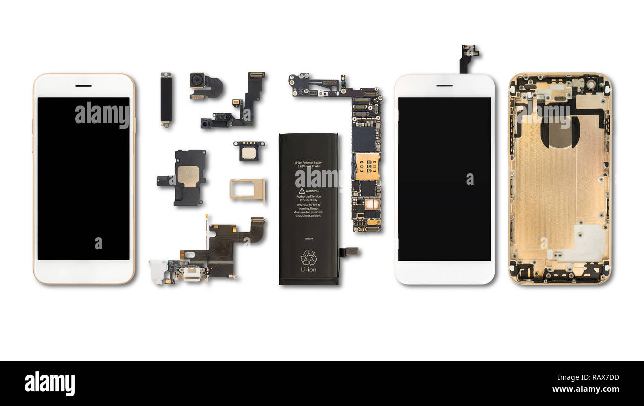 Flat Lay (Top view) of smartphone components isolate on white ...