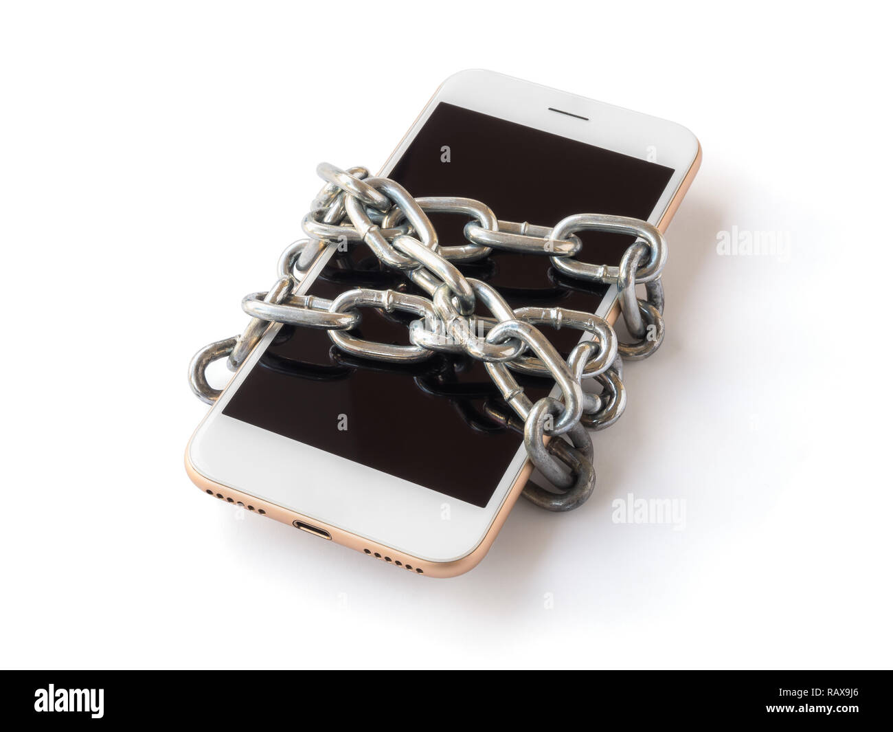 Modern mobile phone with chain locked isolate on white background with ...
