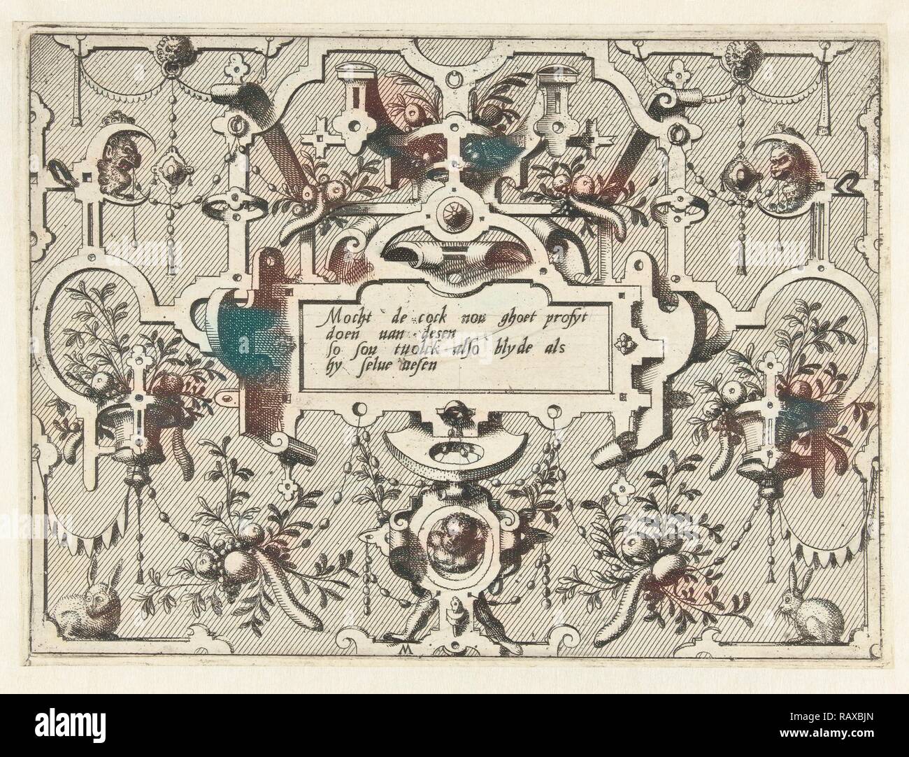 Cartouche with grotesques, bottom center is a child, print maker ...