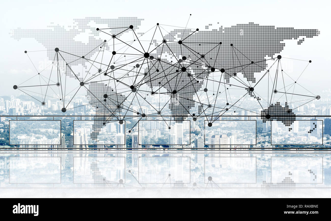 Concept of global communication and networking with world map over ...