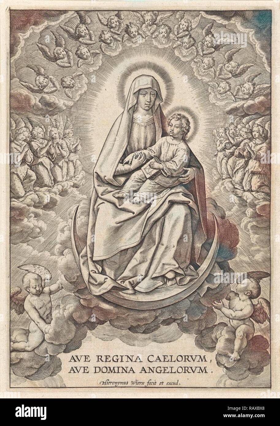 Mary with the Christ Child on the crescent moon, print maker: Hieronymus Wierix, 1563 - before ...