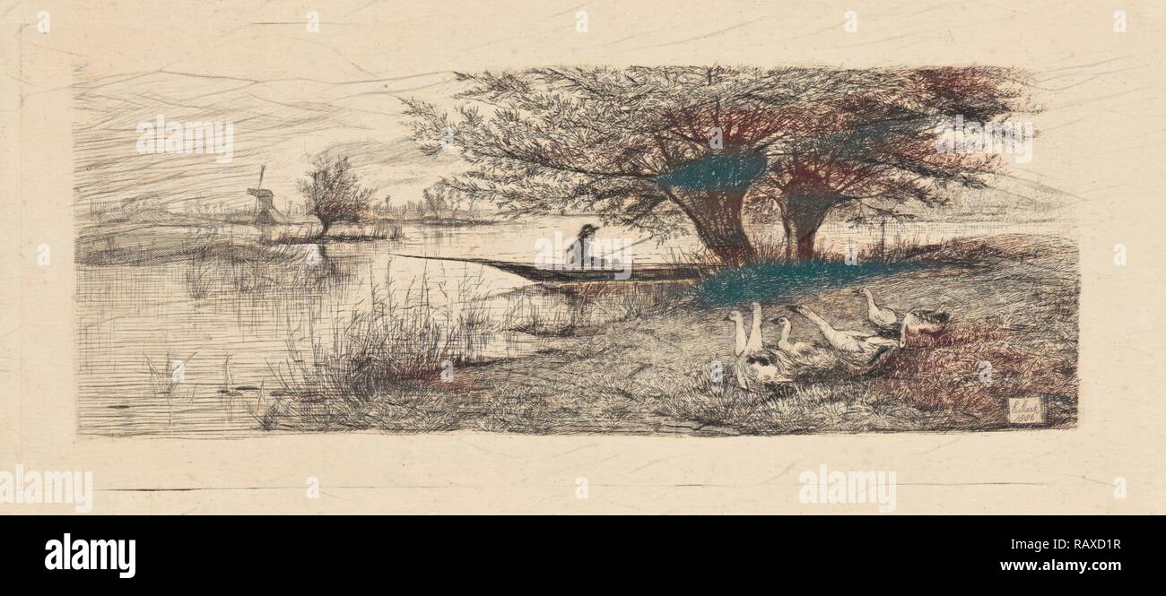 River Landscape with a man in a boat, Elias Stark, 1886. Reimagined by ...