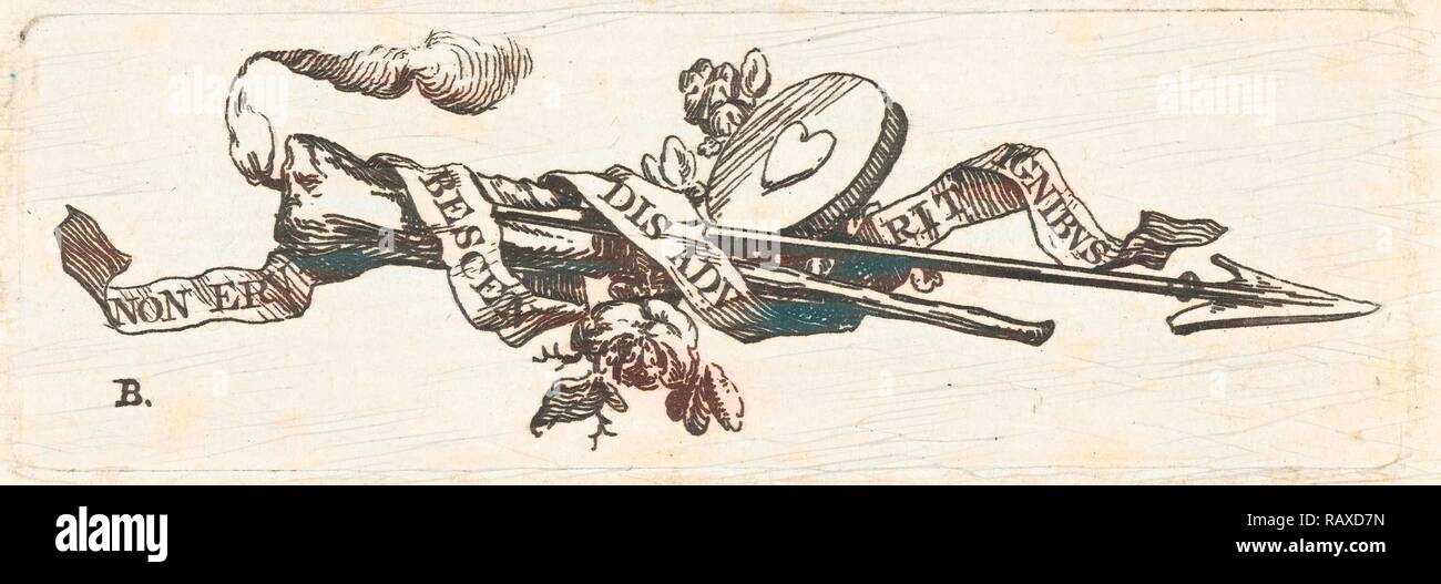 Vignette featuring a burning torch, arrow, heart and ribbon with the ...