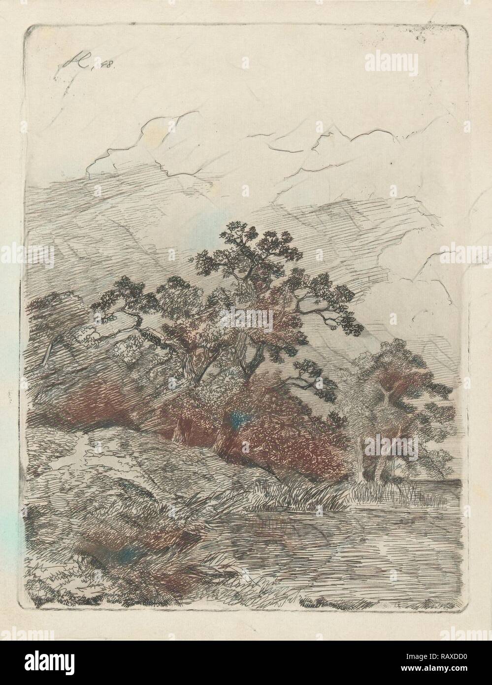 Forest scene with a lake, print maker: Remigius Adrianus Haanen, 1848 ...