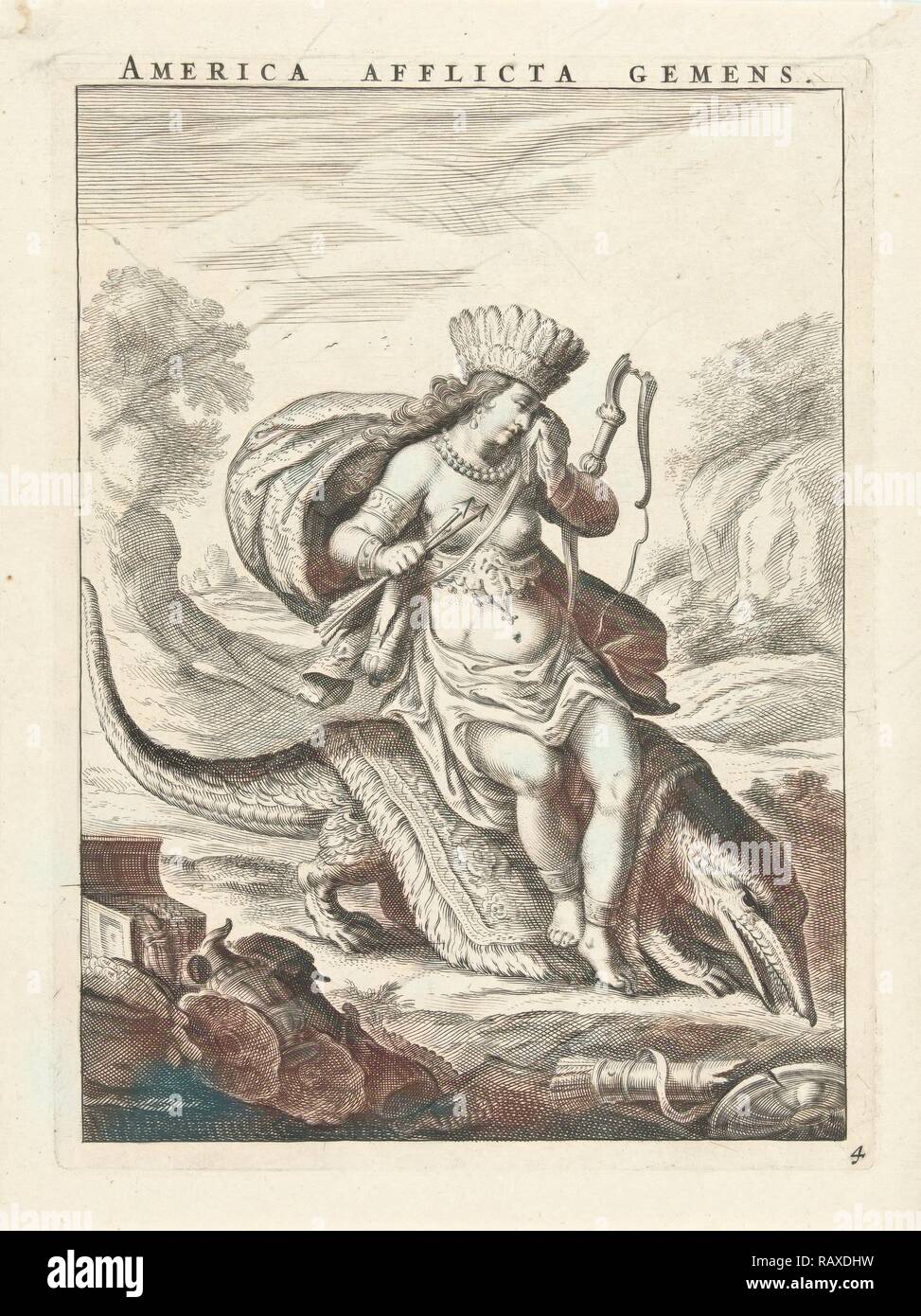 Female personification of America as a woman with headdress of feathers ...