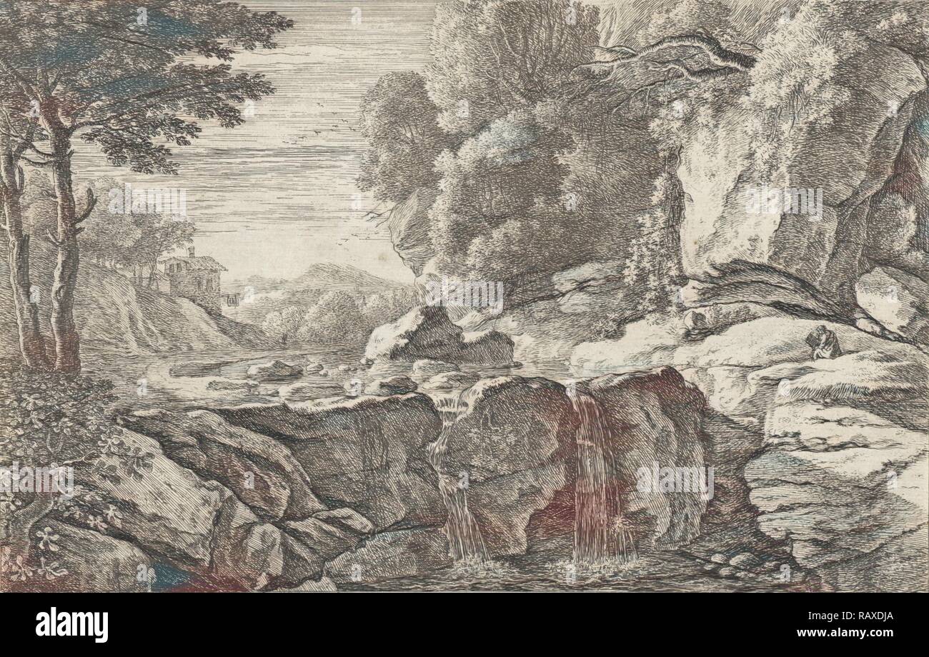 Landscape with small waterfall, Herman van Swanevelt, 1643 - 1655 ...