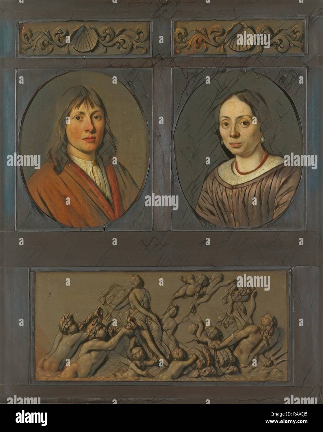 Portraits of a Man and a Woman framed with two ornamental frieze ...