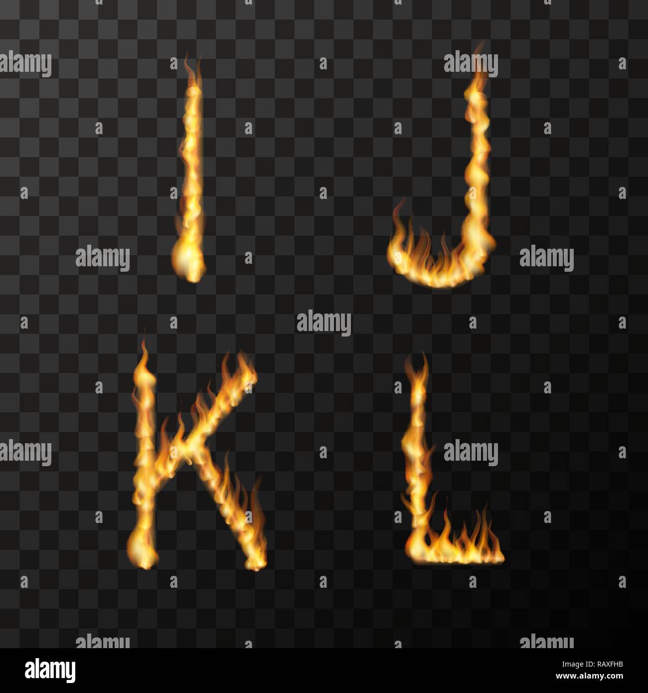 Bright realistic fire flames in I J K L letters shape, hot font concept ...