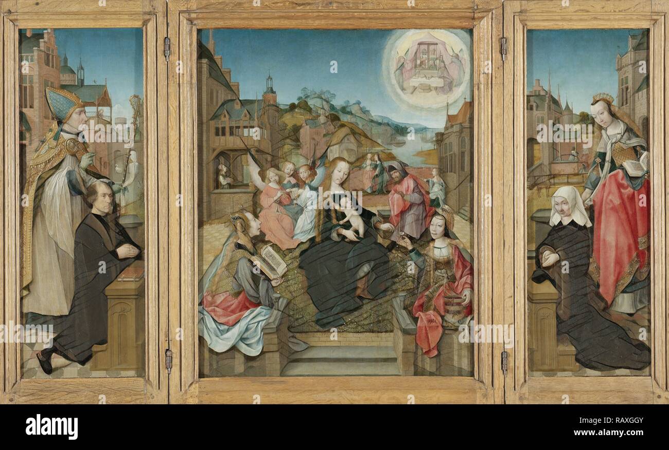 Triptych with Virgin and Child with Saints (center), male Donor with Saint Martin (left, inner ...