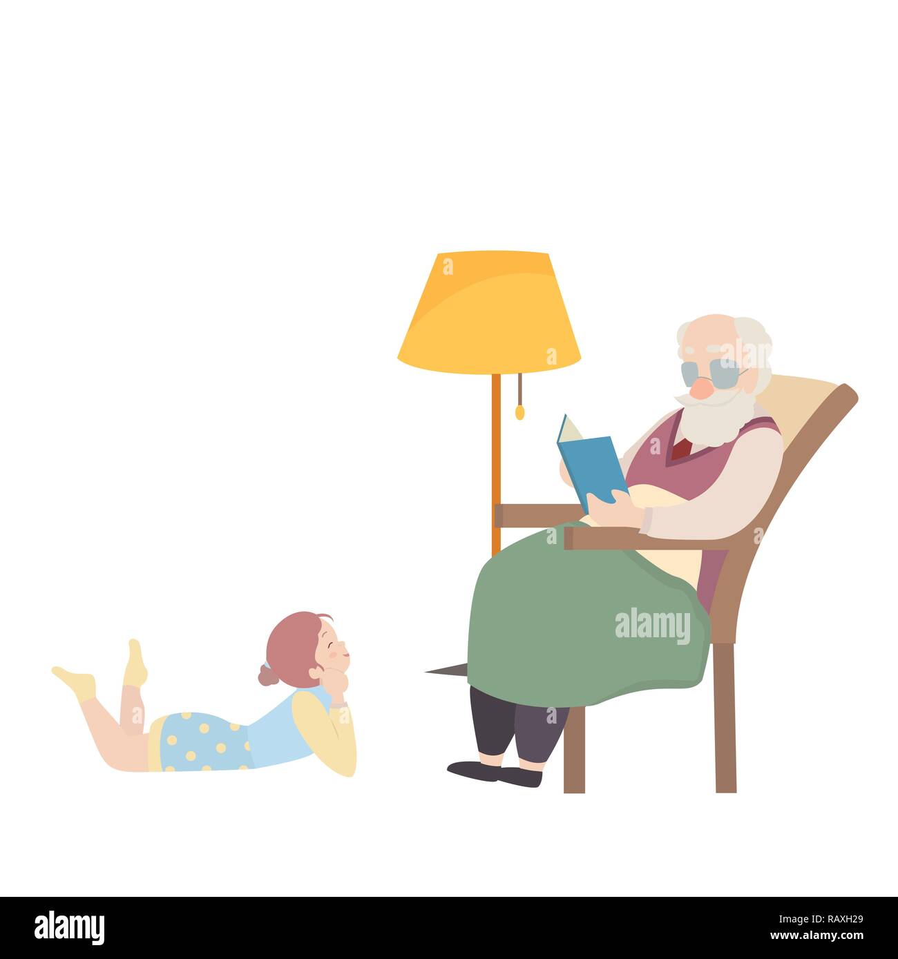 Grandfather and granddaughter cartoon characters on white background ...
