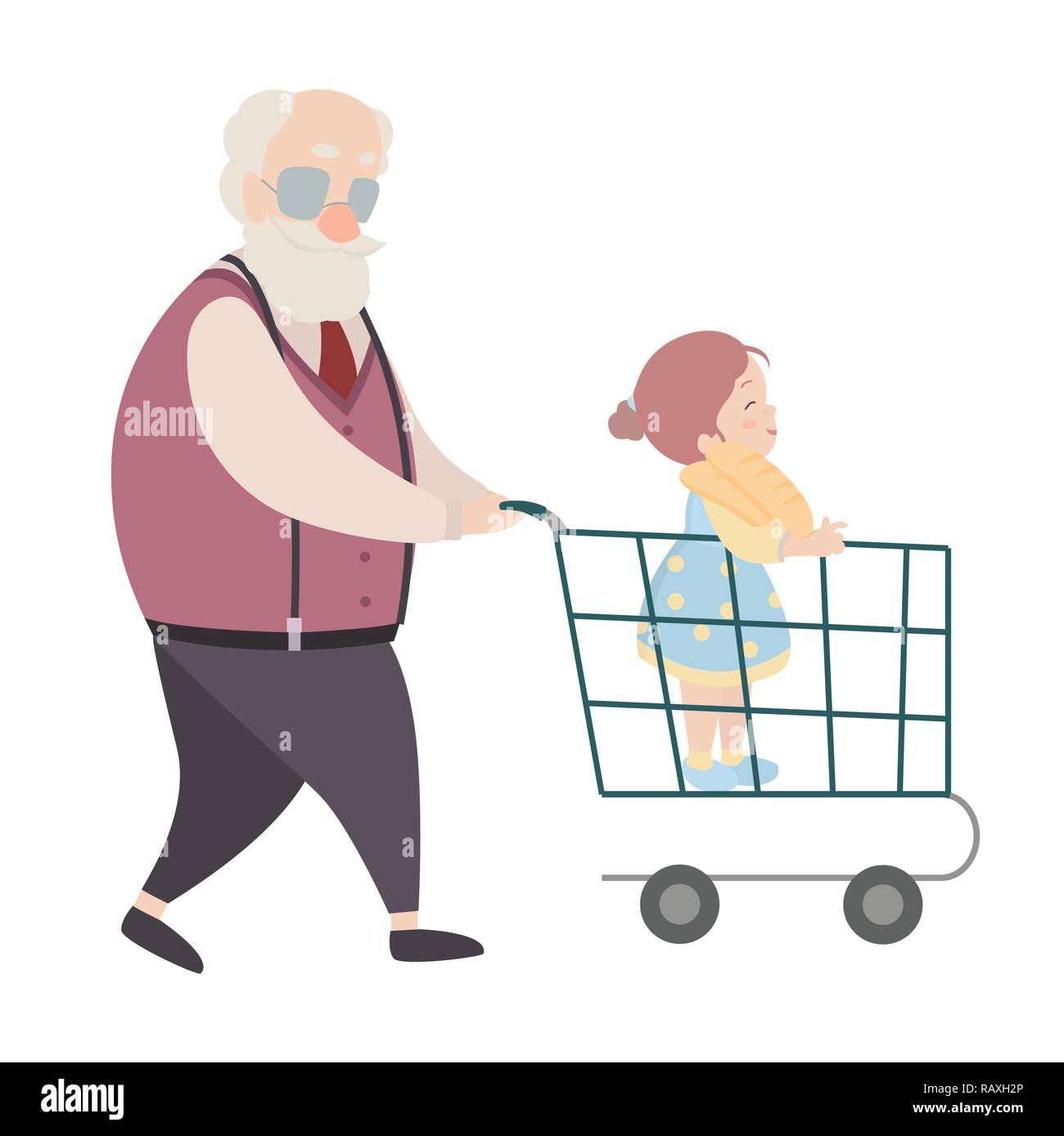 Grandfather and granddaughter cartoon characters on white background ...