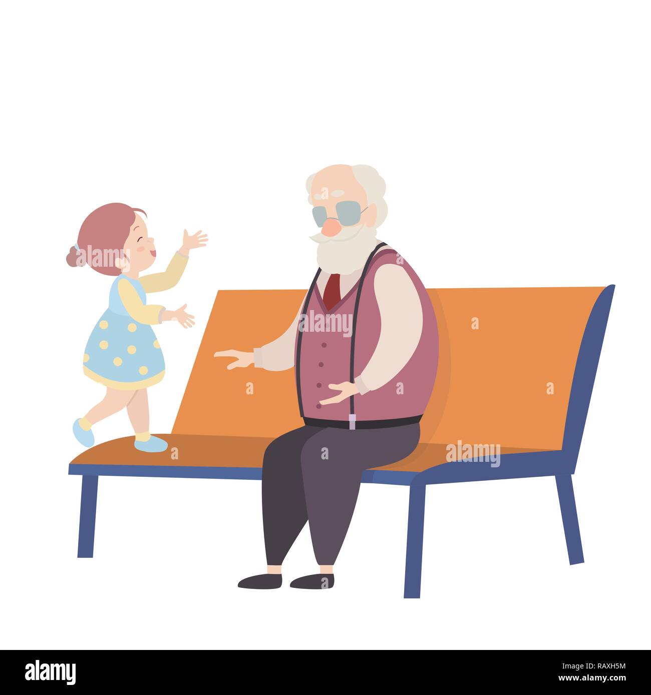 Grandfather and granddaughter cartoon characters on white background ...