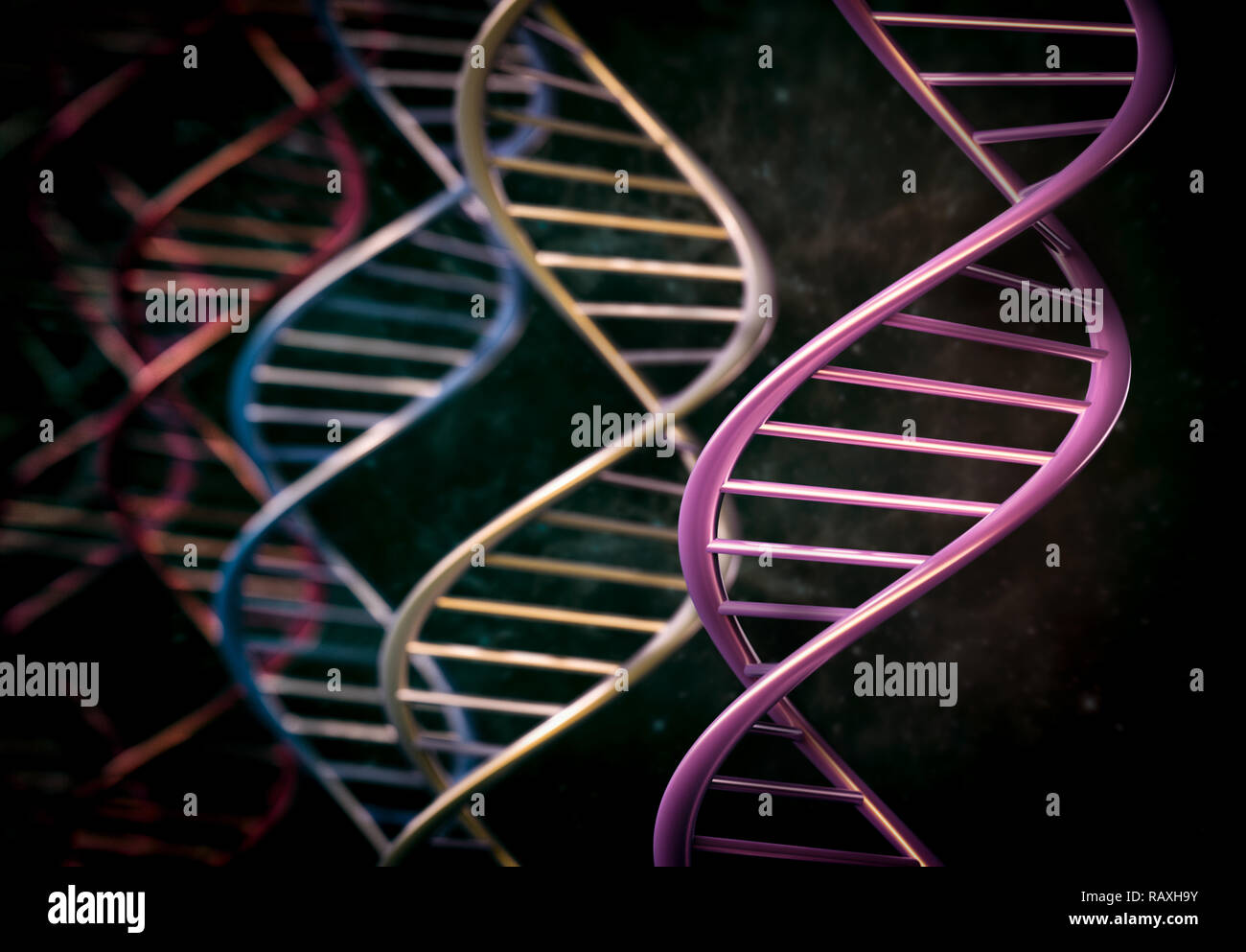 3D illustration of colored DNA helix on dark color background Stock ...