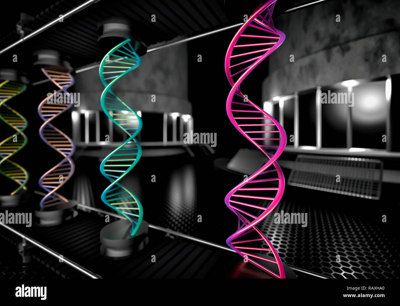 3D illustration of colored DNA helix being assembled on assembly line ...