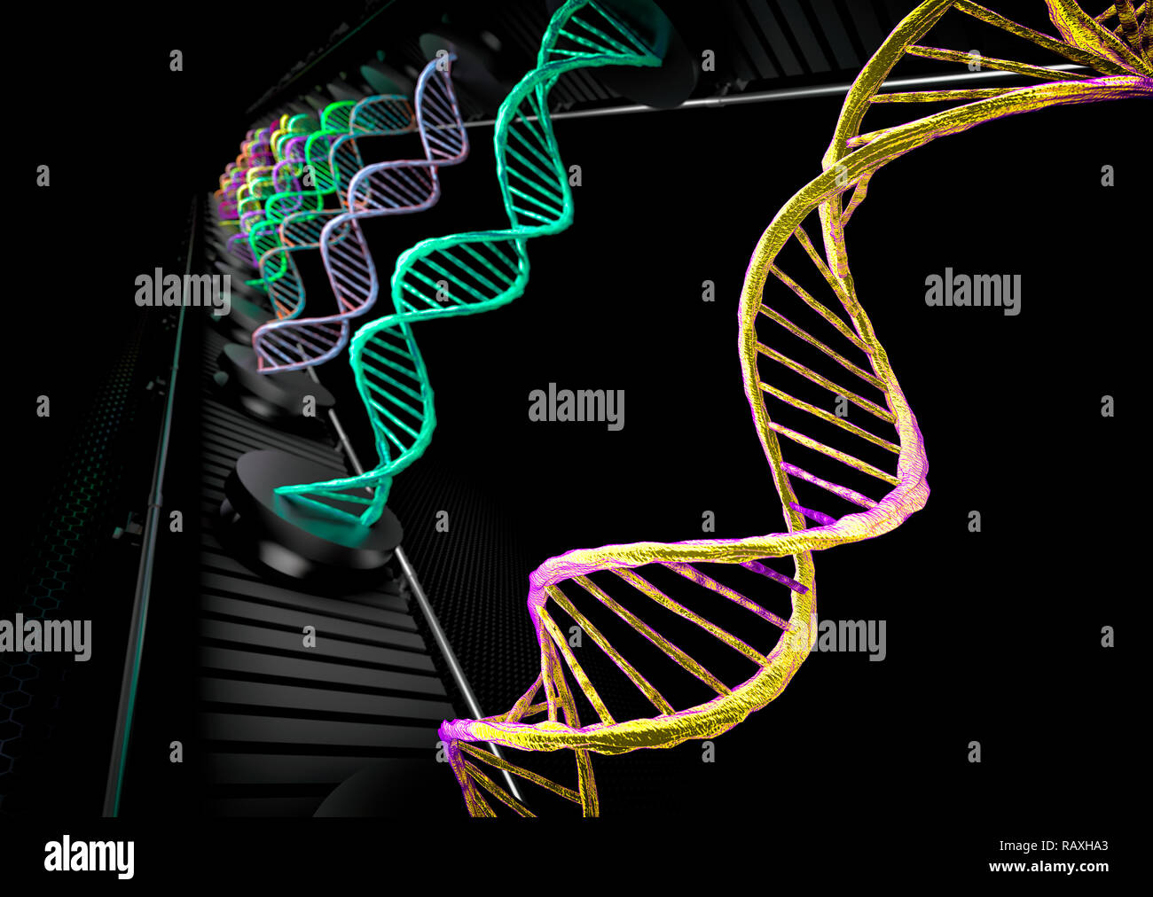 3D illustration of colored DNA helix being assembled on assembly line ...