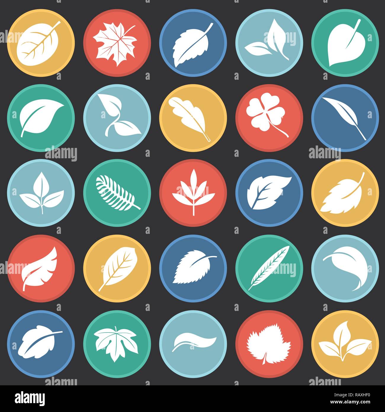 Leafs icon set on color circles black background for graphic and web ...