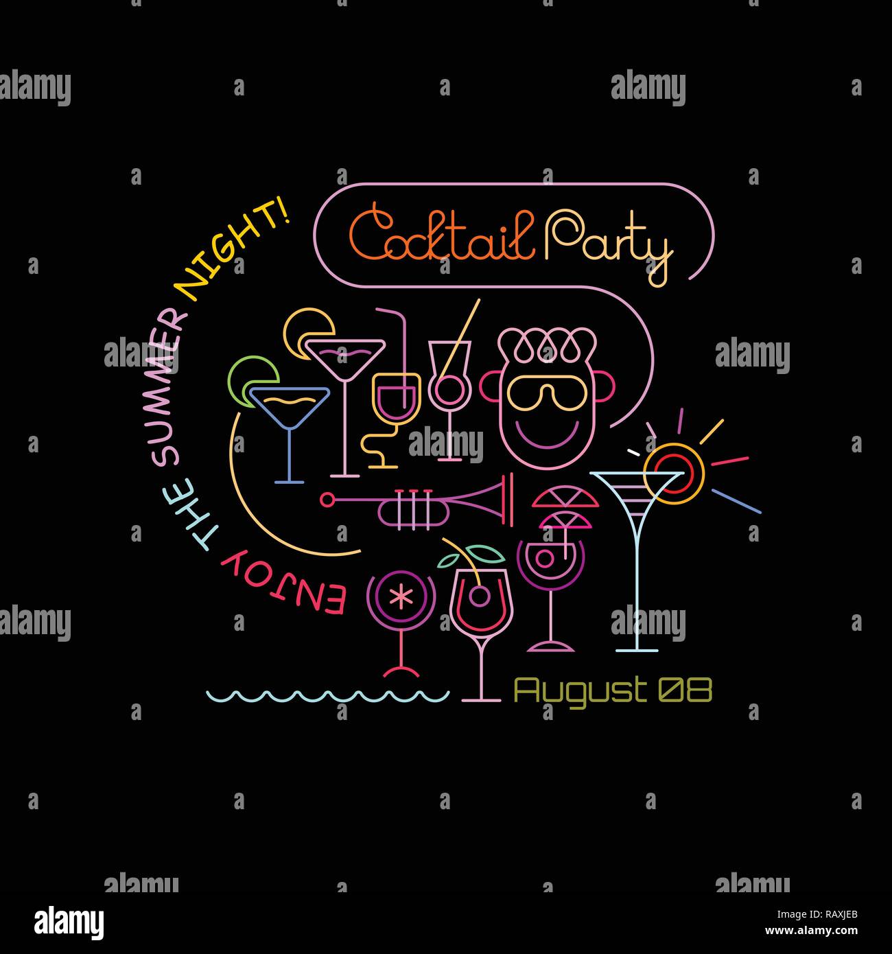 Neon colors on a black background Cocktail Party vector illustration ...