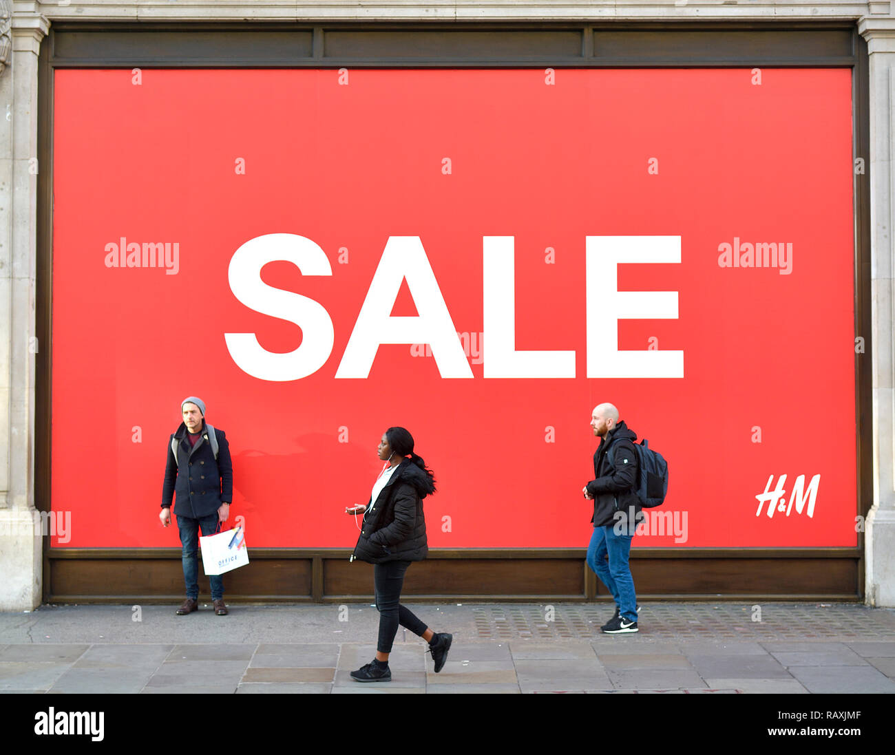 SALE sign in shop window - H&M, Regent Street - in January. London ...