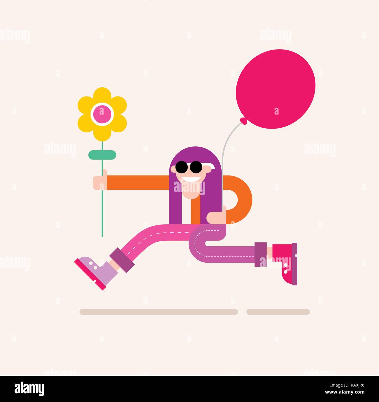 Funny guy with flower and festive balloon hurries to congratulate ...