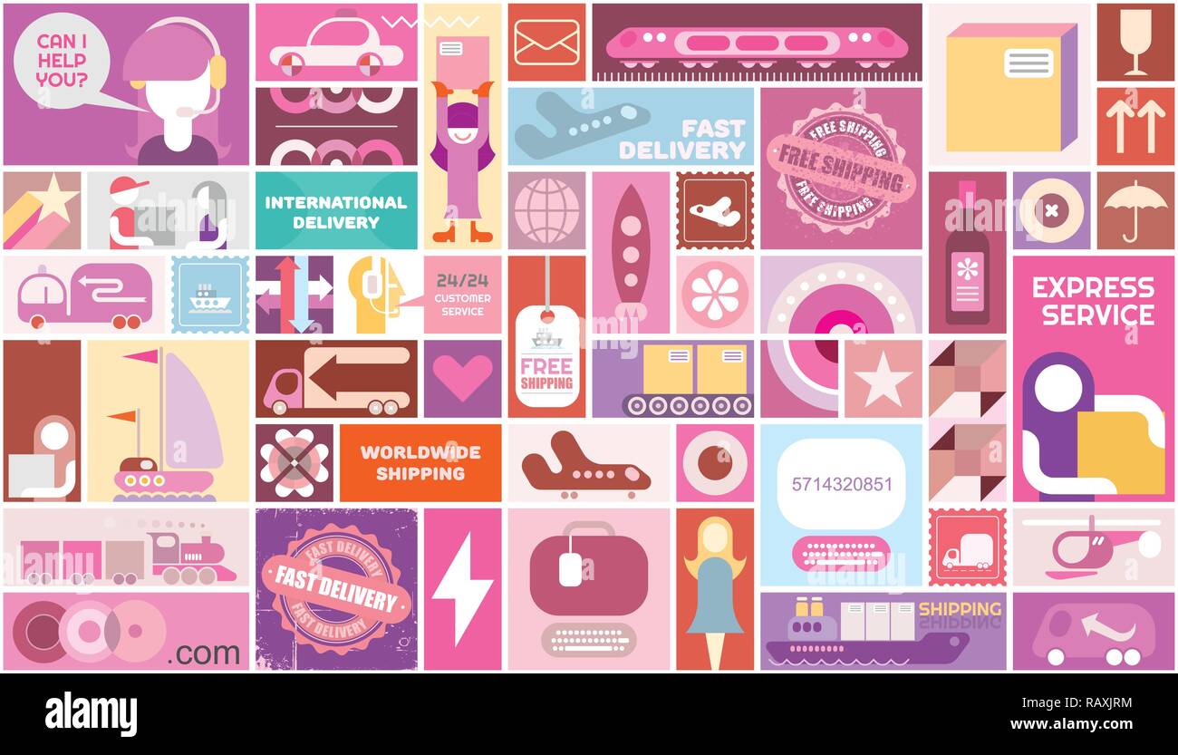 Delivery and Shipping poster vector template design. Collage of many ...
