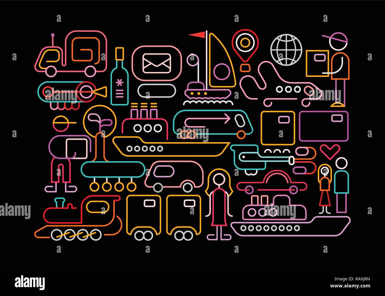 Neon colors on a black background Delivery Service vector illustration ...