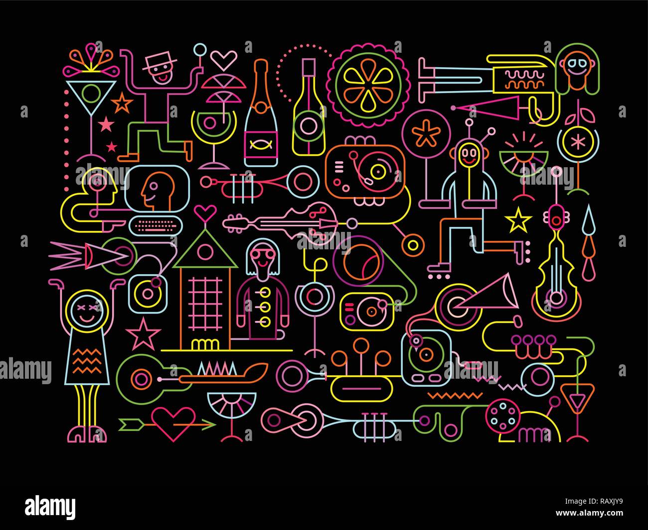 Neon colors on a black background Festive city vector illustration ...