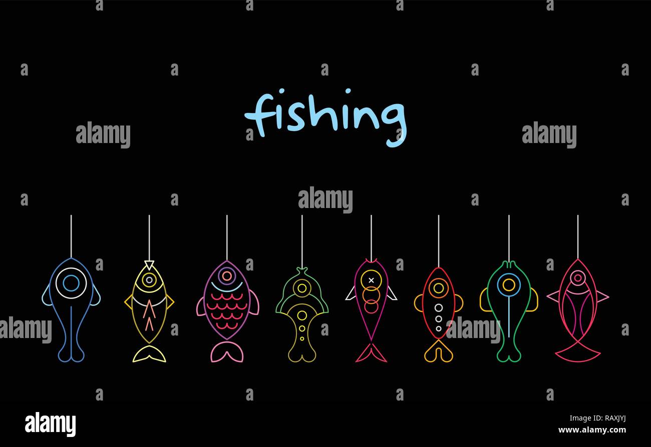Fishing. Neon colors on a black background Fish hanging on hooks vector ...