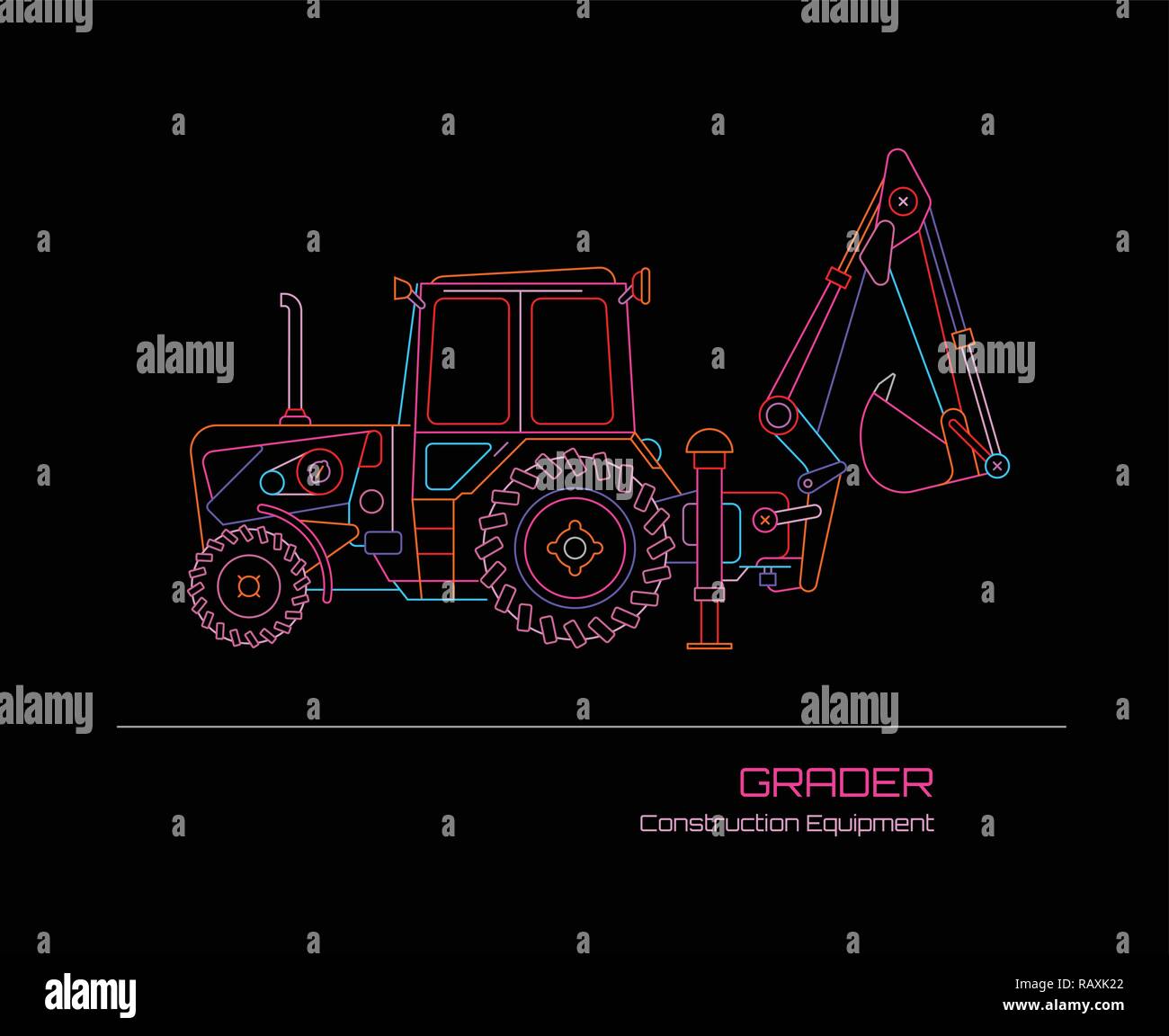 Neon colors on a black background Grader Tractor vector illustration ...