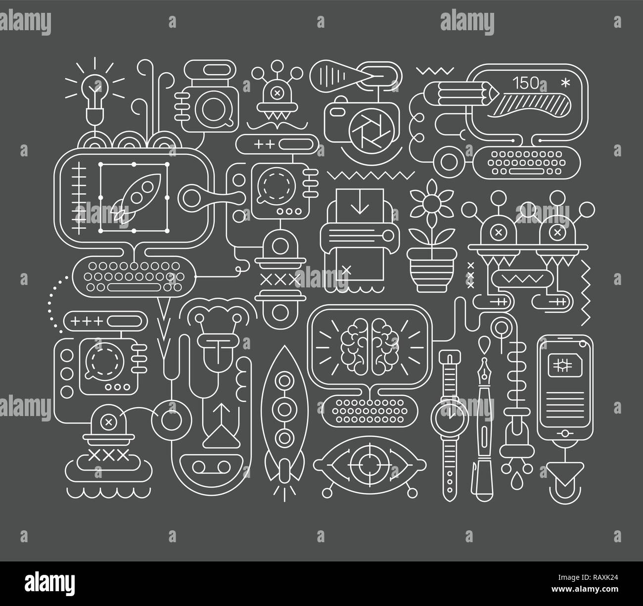 White color line art on a dark grey background Graphic Design vector ...