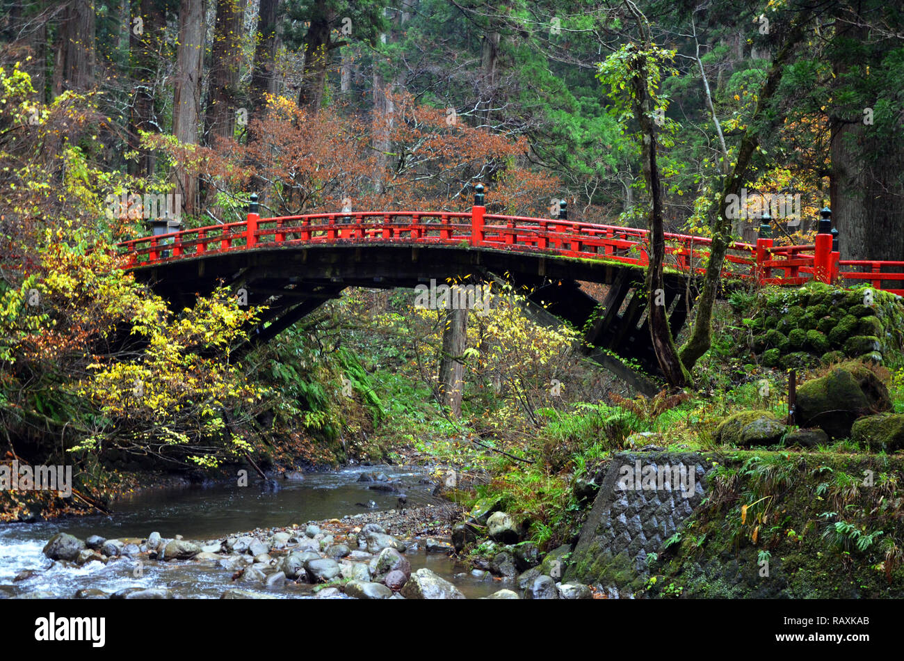 Haguro Mt, Tsuruoka, Japan - November 11, 2018: Red bridge at Haguro ...
