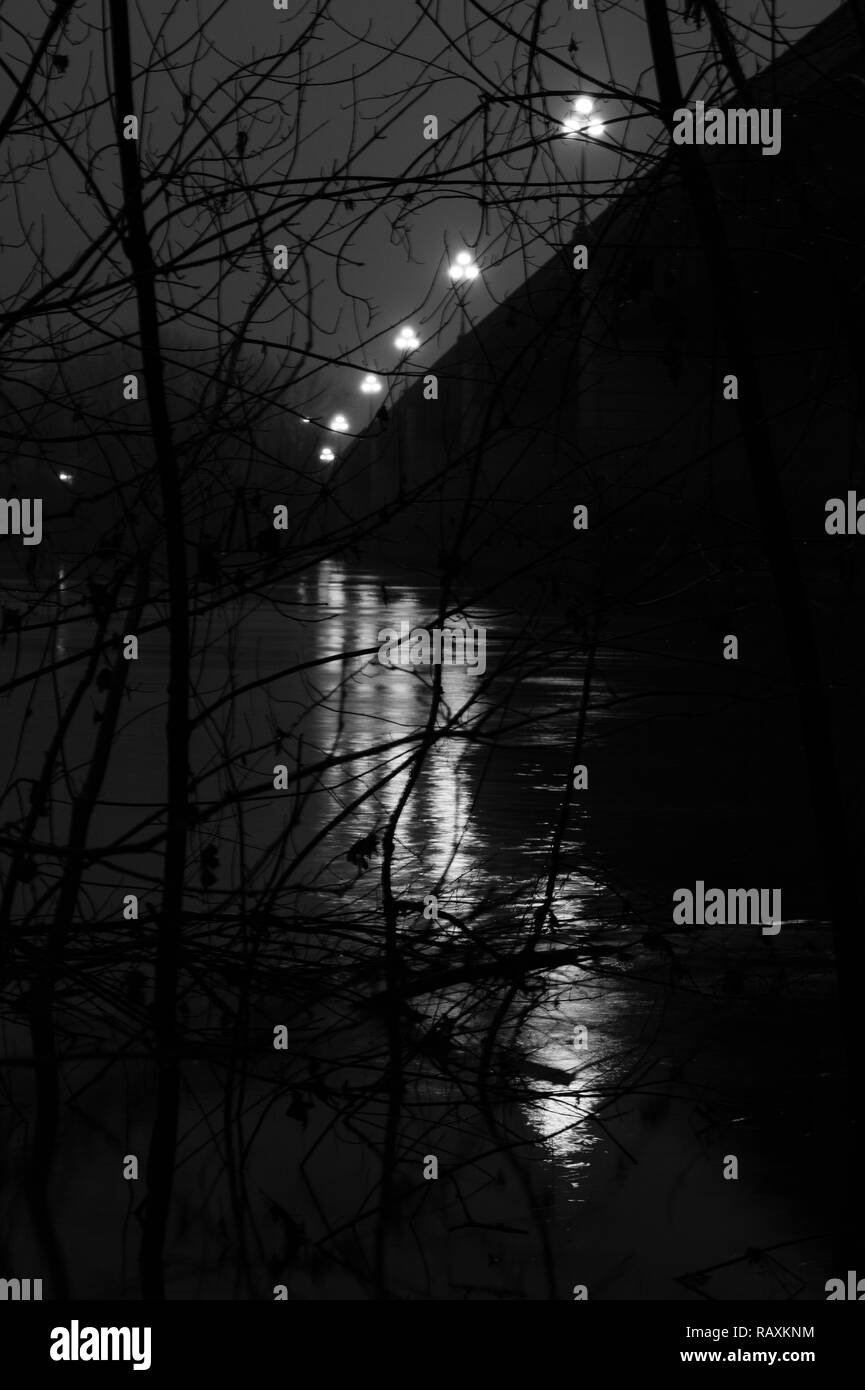 Illuminated city bridge over Black and White Stock Photos & Images - Alamy