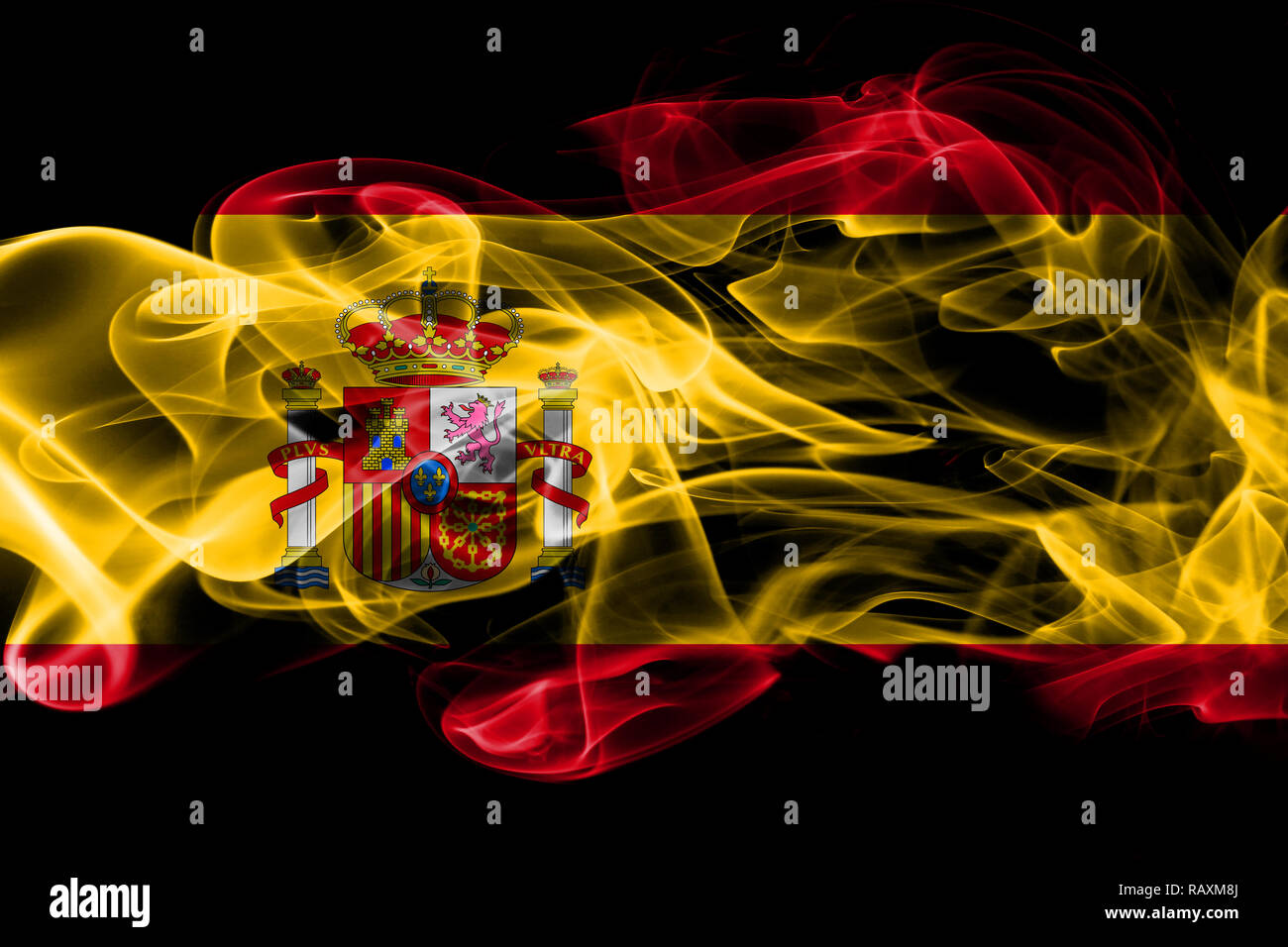 National flag of Spain made from colored smoke isolated on black ...