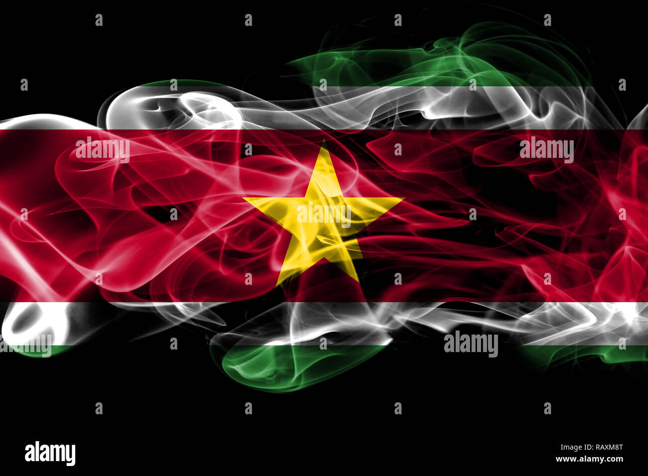 National Flag Of Suriname Made From Colored Smoke Isolated On Black