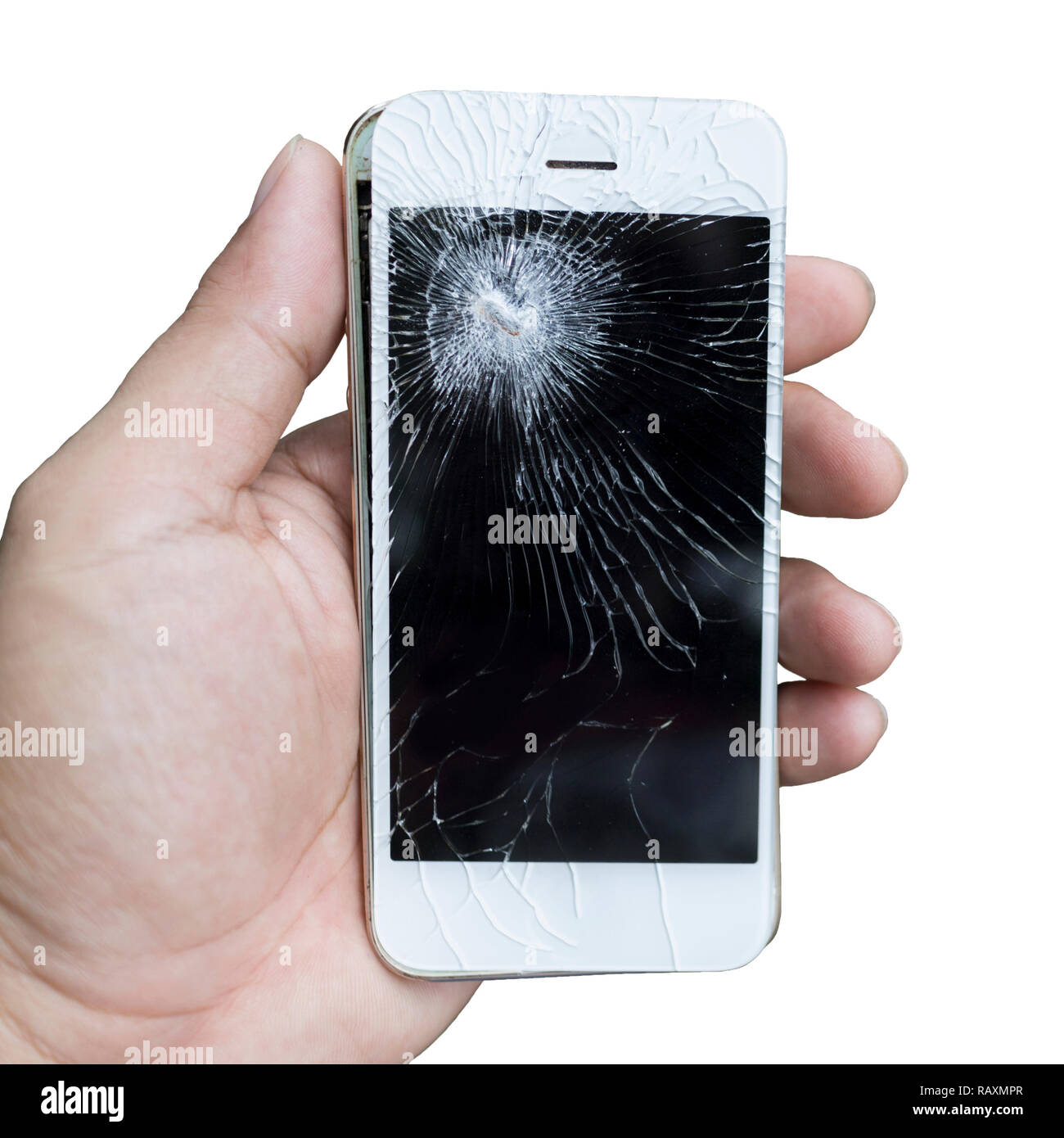 Hands holding a broken smartphone mobile with broken screen isolated on ...