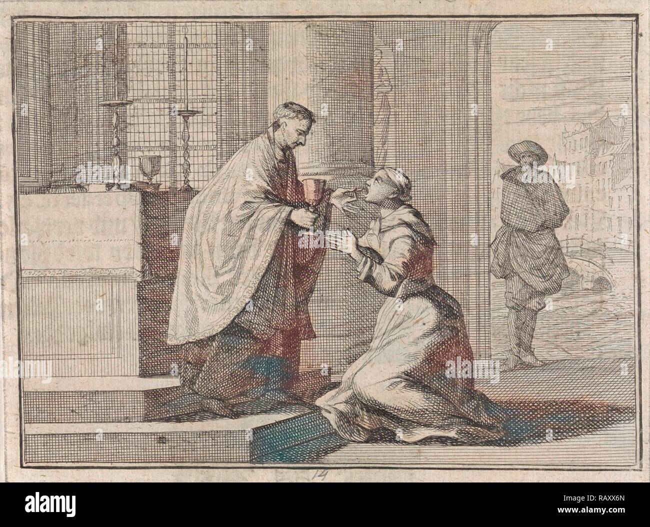 Priest gives a host to a woman kneeling before the altar, Caspar Luyken ...